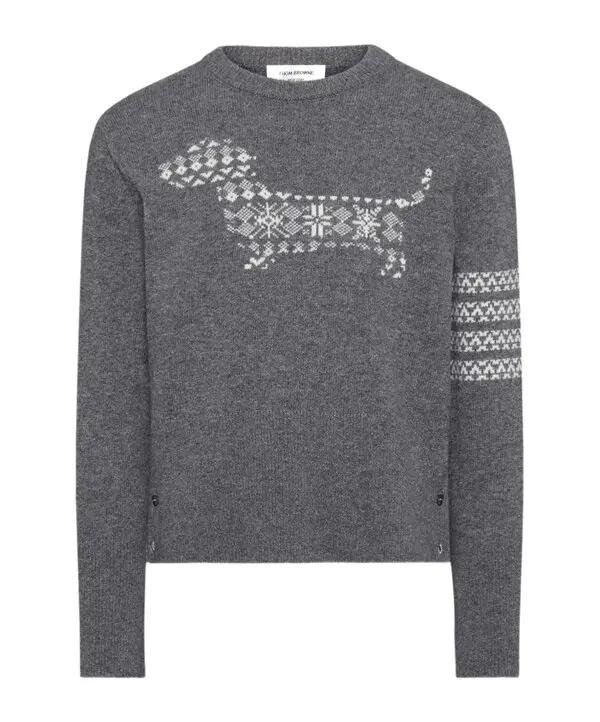 Thom Browne Long Sleeve Crewneck Sweater With Dog Motif - Gray