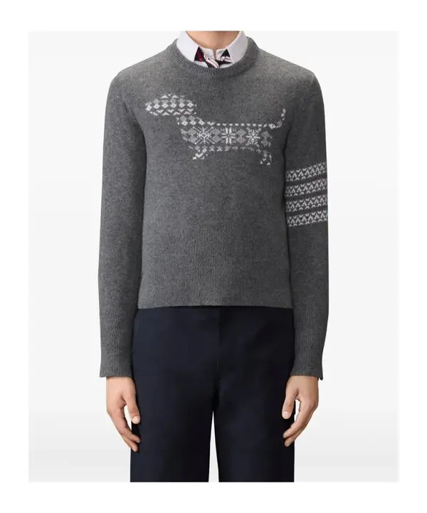 Thom Browne Long Sleeve Crewneck Sweater With Dog Motif - Gray