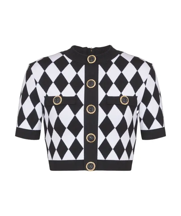 Balmain Diamond Pattern Knit Cropped Top With Decorative Buttons And Back Zipper - Black