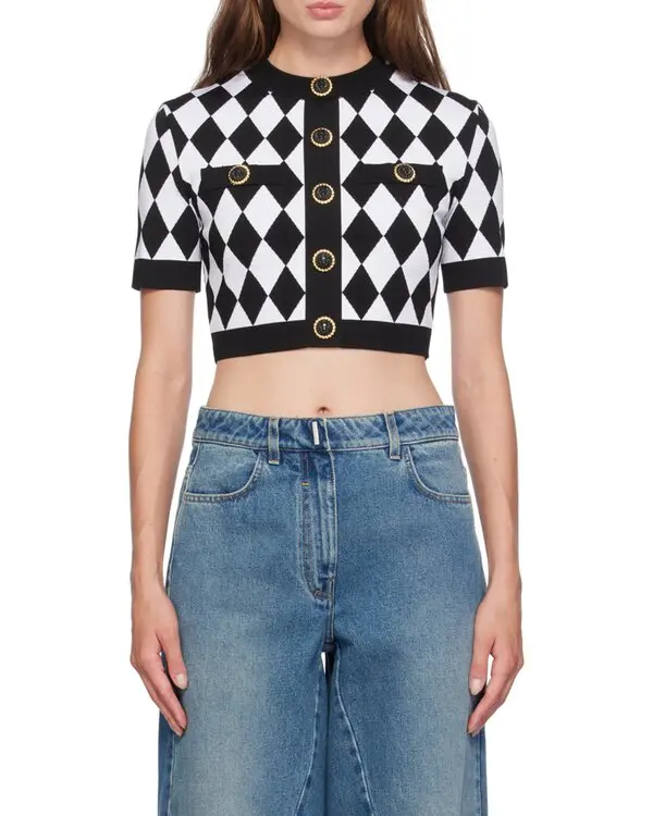 Balmain Diamond Pattern Knit Cropped Top With Decorative Buttons And Back Zipper