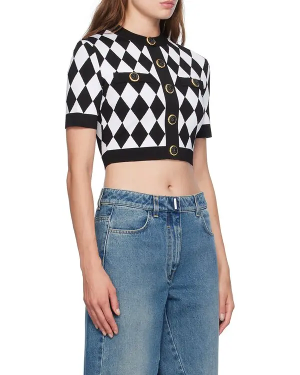 Balmain Diamond Pattern Knit Cropped Top With Decorative Buttons And Back Zipper