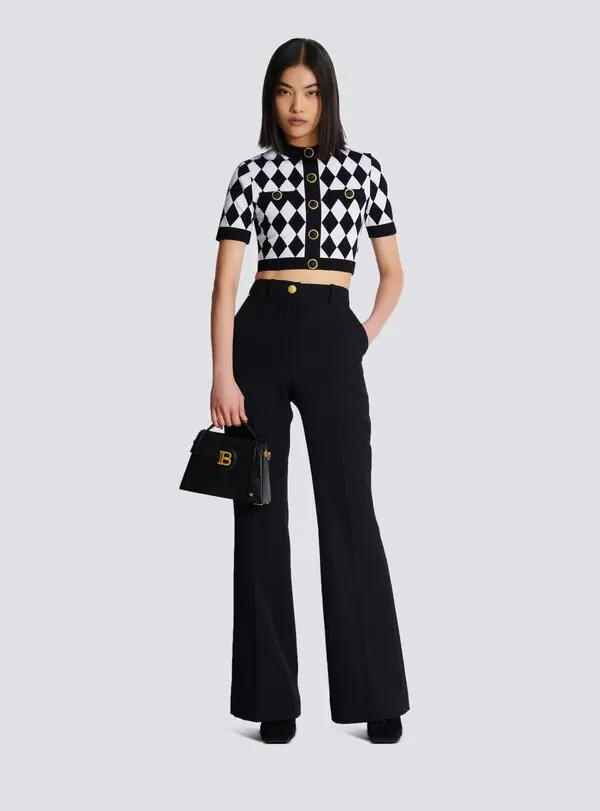 Balmain Diamond Pattern Knit Cropped Top With Decorative Buttons And Back Zipper