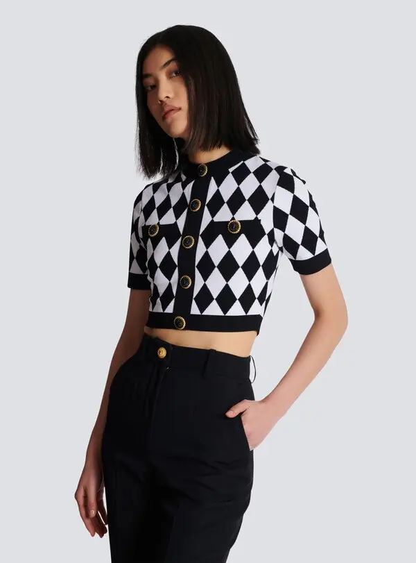 Balmain Diamond Pattern Knit Cropped Top With Decorative Buttons And Back Zipper