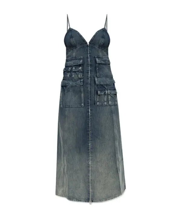 DIESEL® Zip-up Denim Midi Dress With Spaghetti Straps And Raw-edge V-neckline - Gray