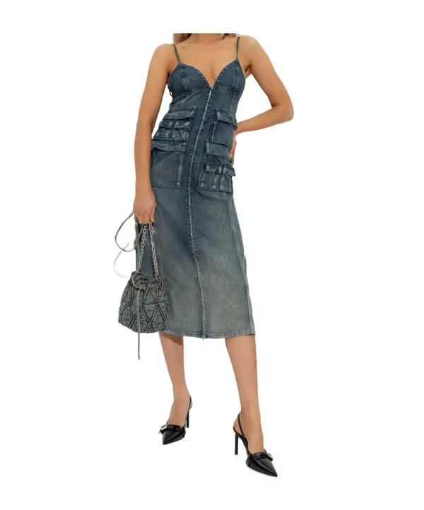DIESEL® Zip-up Denim Midi Dress With Spaghetti Straps And Raw-edge V-neckline