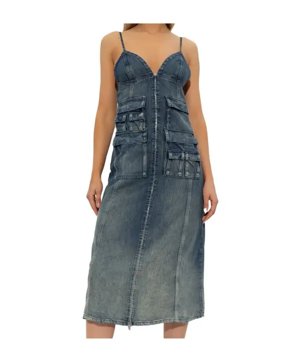DIESEL® Zip-up Denim Midi Dress With Spaghetti Straps And Raw-edge V-neckline