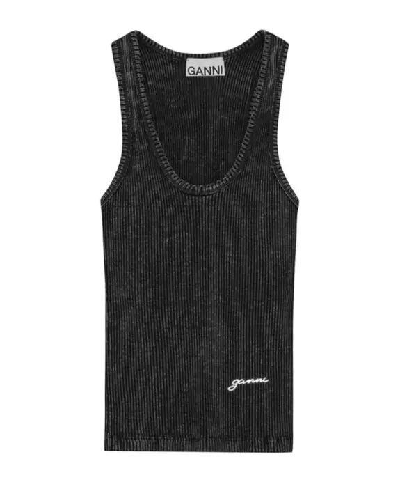 GANNI Washed Ribbed Crewneck Tank Top - Black