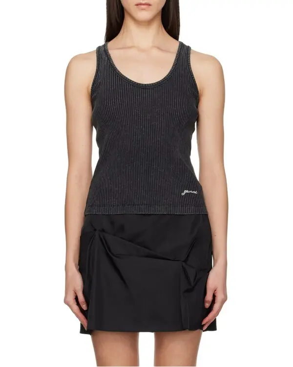 GANNI Washed Ribbed Crewneck Tank Top - Black