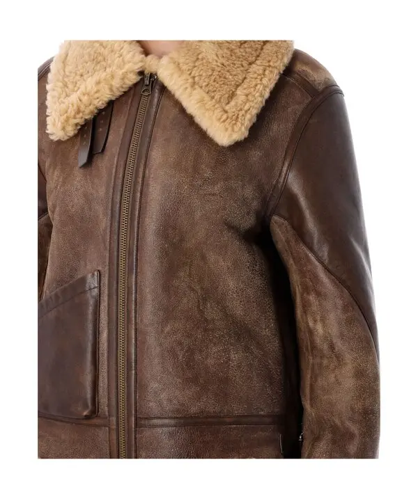 Ralph Lauren Zipped Aviator Jacket With Wool Lapels And Leather Trim