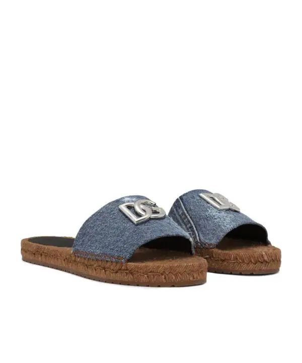 Dolce & Gabbana Logo Plaque Distressed Denim Espadrille Slides - Multicolor