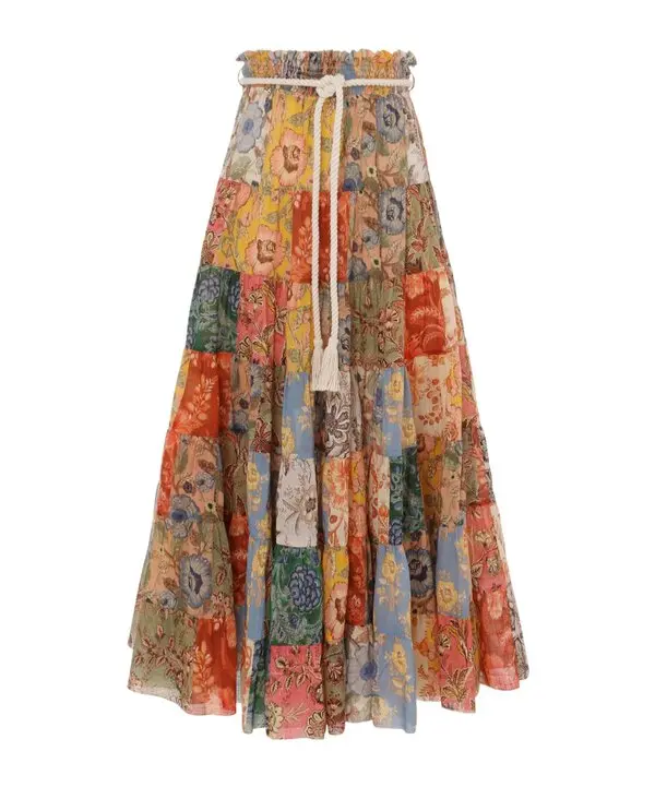 Zimmermann Laminated Patchwork Tiered Midi Skirt