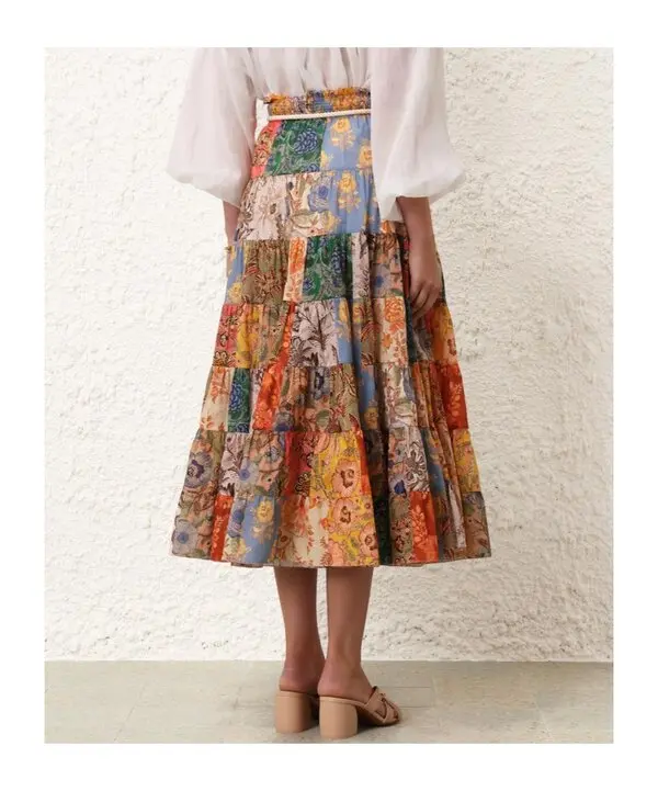 Zimmermann Laminated Patchwork Tiered Midi Skirt