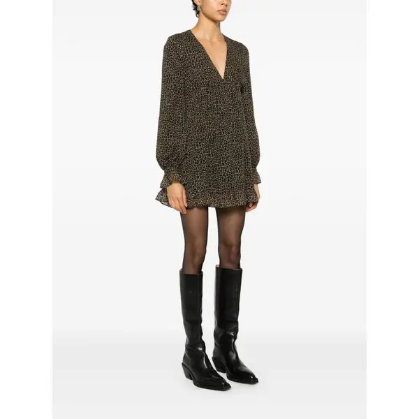 Saint Laurent Leopard Print Long-sleeved Dress - Black
