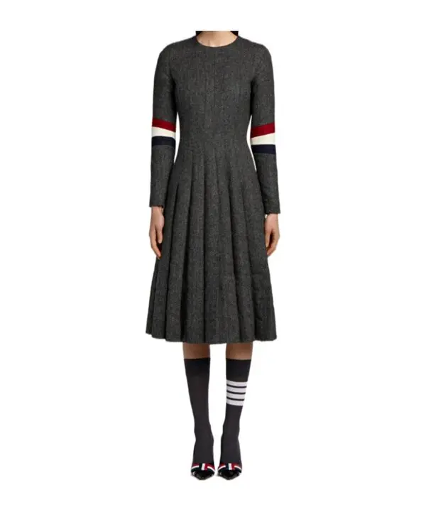 Thom Browne Wool Pleated Midi Dress With Signature Striped Sleeves