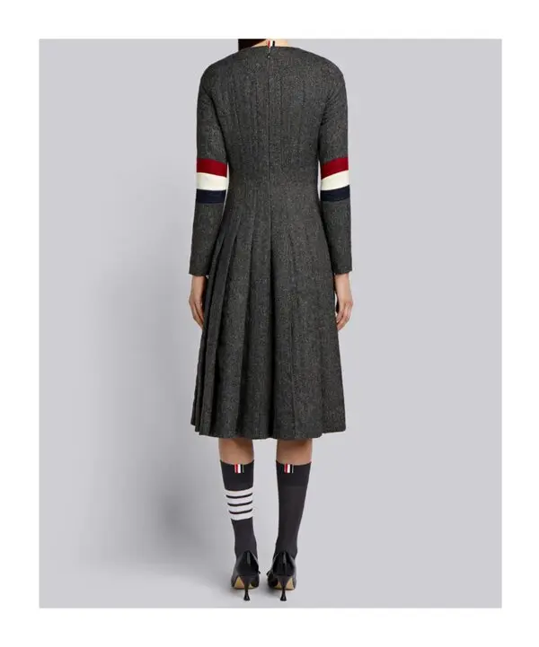 Thom Browne Wool Pleated Midi Dress With Signature Striped Sleeves