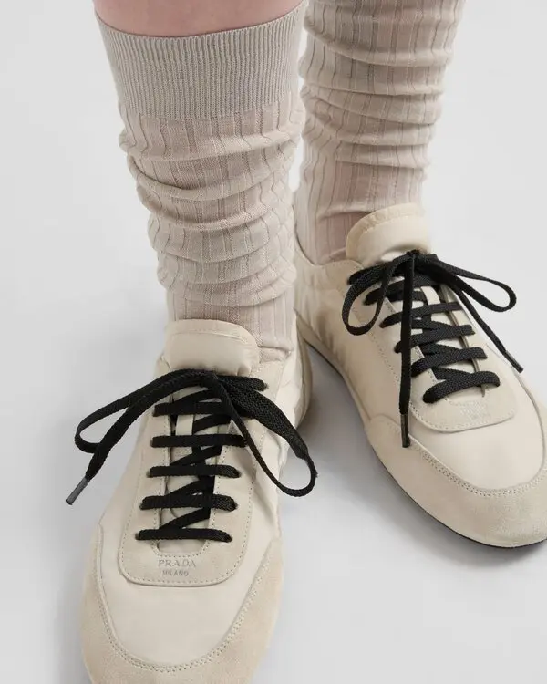 Prada Round Toe Lace-up Sneakers - Ivory