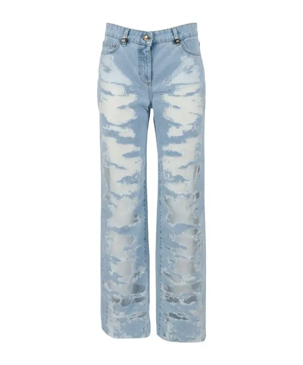 Elisabetta Franchi Organza Detailed Distressed Palazzo Jeans - Destroyed Denim
