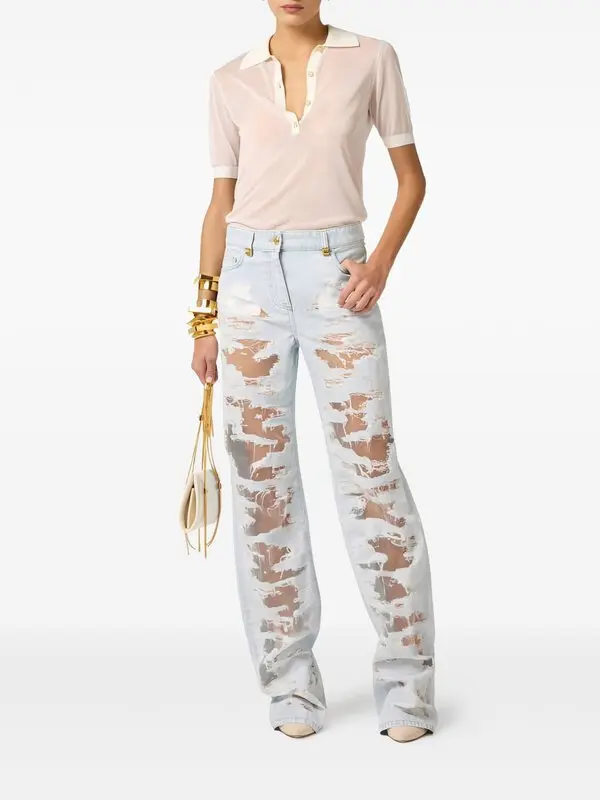 Elisabetta Franchi Organza Detailed Distressed Palazzo Jeans - Destroyed Denim