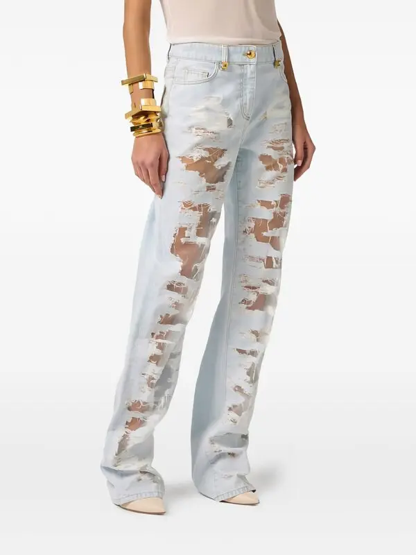 Elisabetta Franchi Organza Detailed Distressed Palazzo Jeans - Destroyed Denim