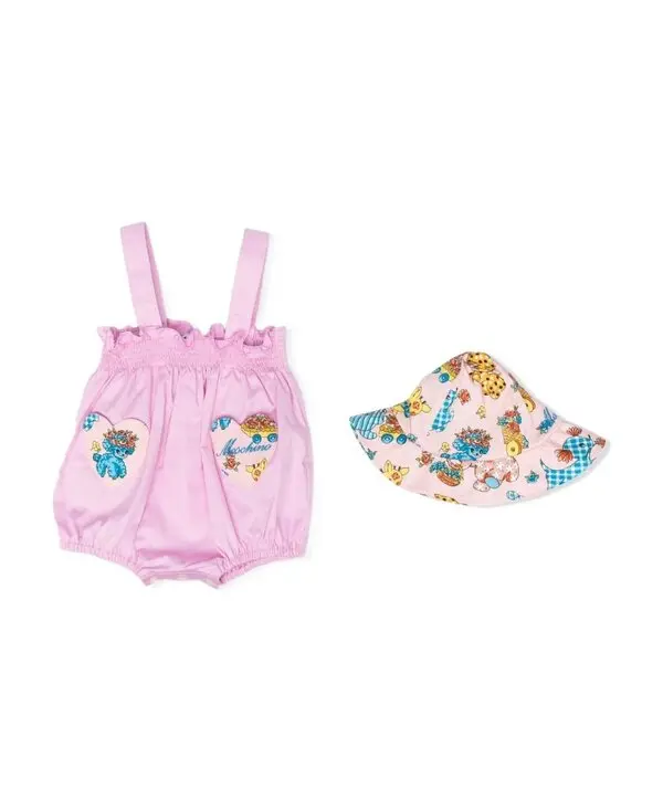 Moschino Heart Patch Romper And Hat Set - Pink