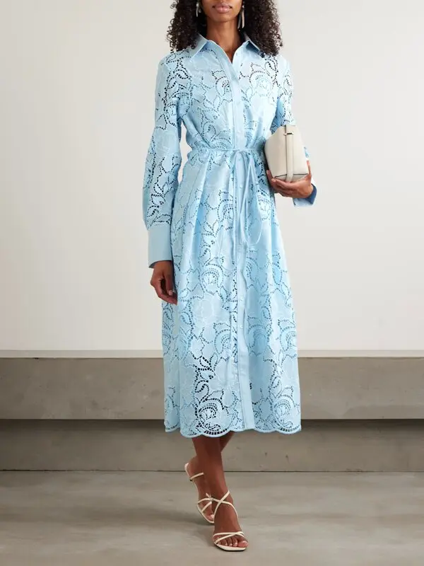 Erdem Tie-waist Madeira Embroidered Shirt Dress - Light Blue
