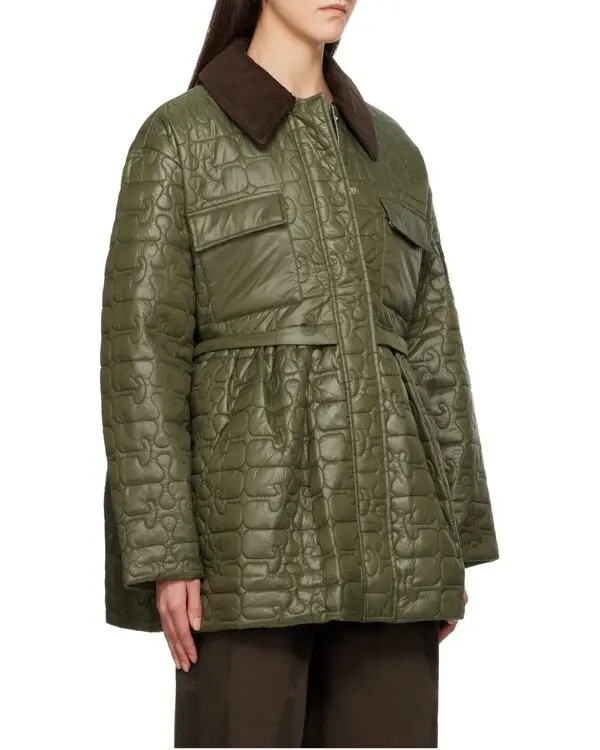 GANNI Quilted Midi Jacket With Contrast Collar - Green