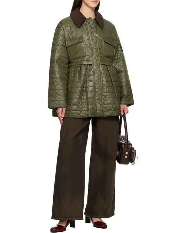 GANNI Quilted Midi Jacket With Contrast Collar - Green