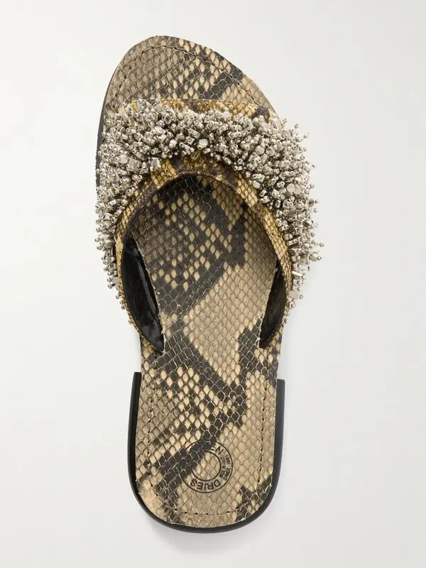 Dries Van Noten Embellished Snake-effect Leather Slides