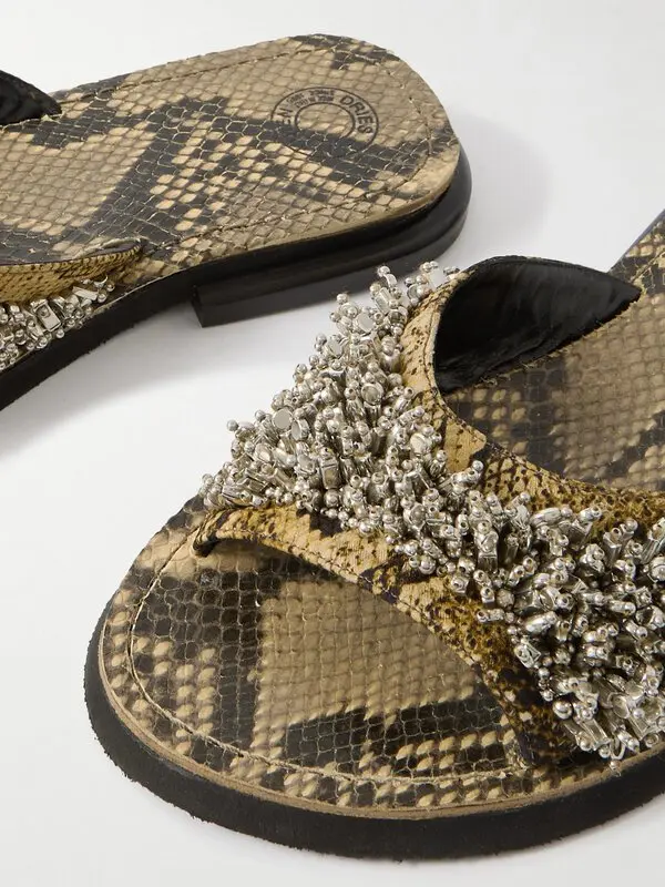 Dries Van Noten Embellished Snake-effect Leather Slides