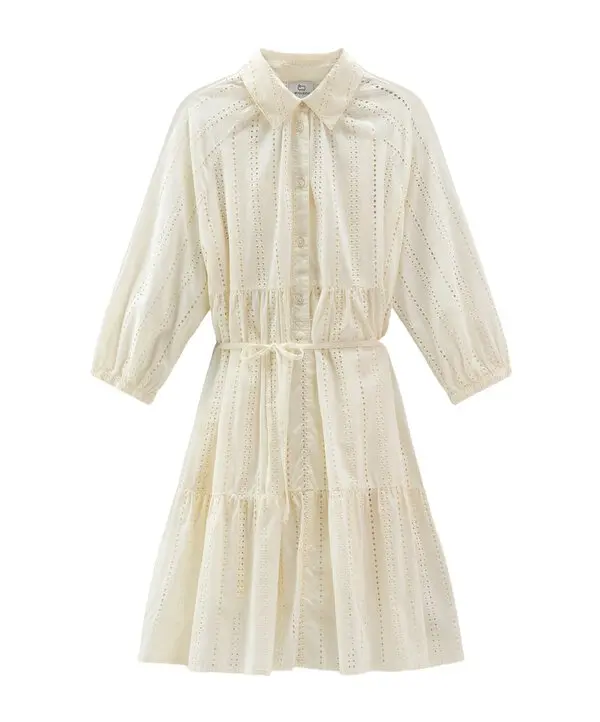Woolrich Broderie Anglaise Shirt Dress With Tie Waist And Ruffle Hem - Nude