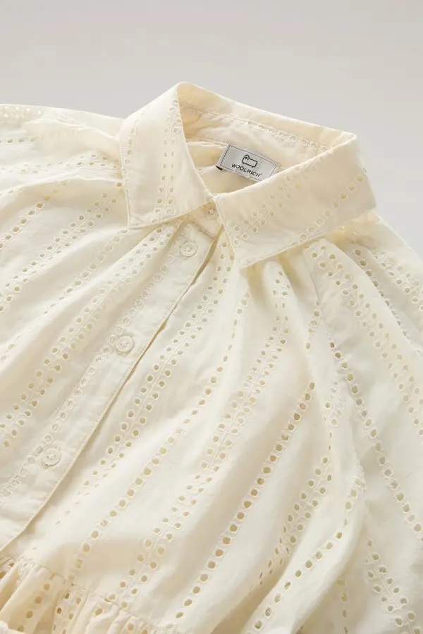 Woolrich Broderie Anglaise Shirt Dress With Tie Waist And Ruffle Hem - Nude