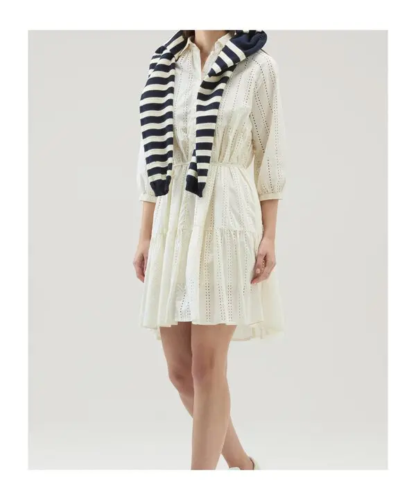 Woolrich Broderie Anglaise Shirt Dress With Tie Waist And Ruffle Hem - Nude