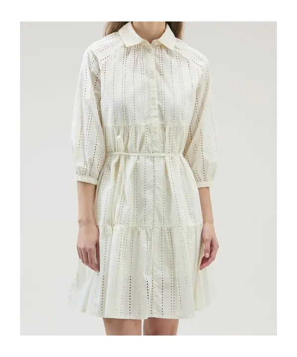 Woolrich Broderie Anglaise Shirt Dress With Tie Waist And Ruffle Hem - Nude