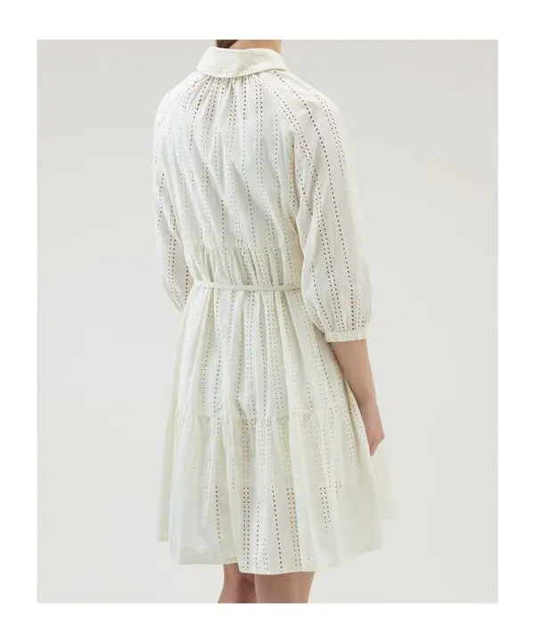 Woolrich Broderie Anglaise Shirt Dress With Tie Waist And Ruffle Hem - Nude
