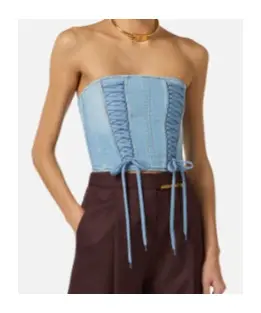 Elisabetta Franchi Denim Bustier Top With Crossover Lacing - Light Blue