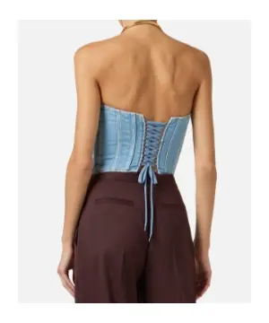 Elisabetta Franchi Denim Bustier Top With Crossover Lacing - Light Blue