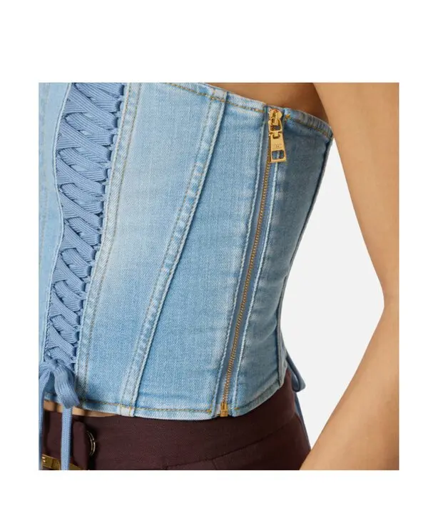 Elisabetta Franchi Denim Bustier Top With Crossover Lacing - Light Blue