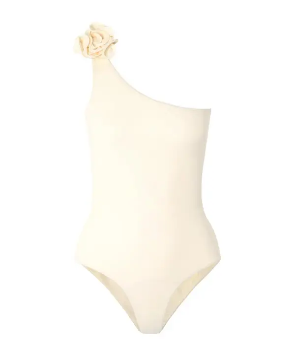 Magda Butrym One-shoulder Cut-out Swimsuit With Rose Detail - Cream