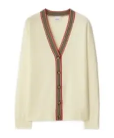 Burberry V-neck Knitted Cardigan With Signature Stripe Trim - Nude