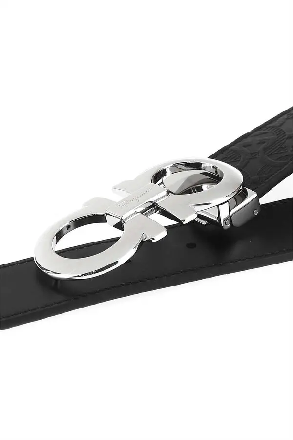 FERRAGAMO Gancini Embossed Reversible Leather Belt - Black