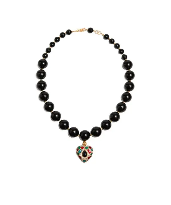 Valentino Garavani Coeur Royal Necklace In Metal, Resin, Enamel And Swarovski Crystals - Bronze/red-black/crystal/black