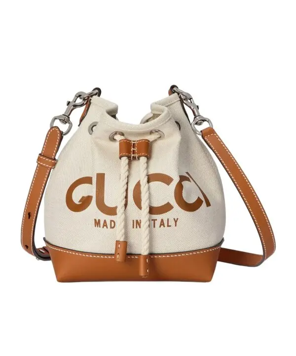 Gucci Logo Print Leather Trimmed Bucket Bag - Nude