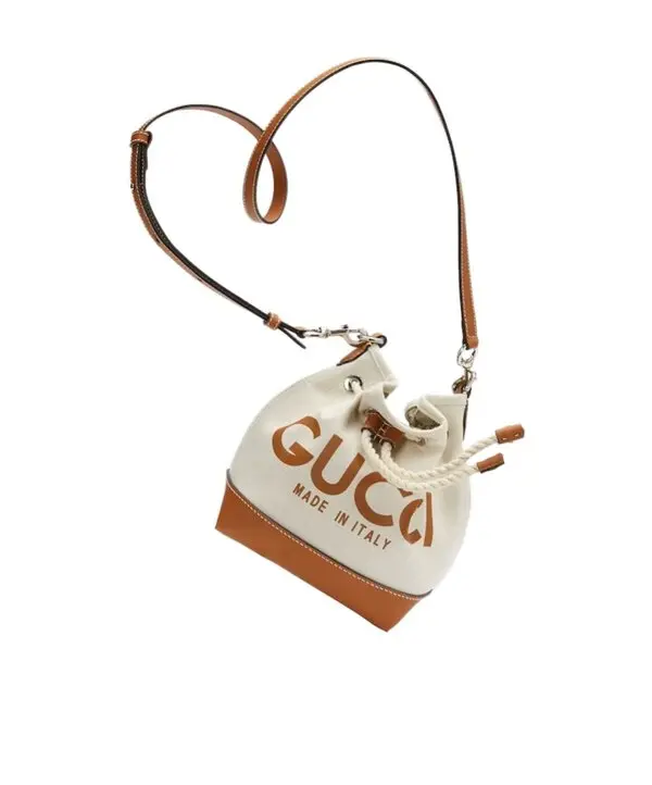 Gucci Logo Print Leather Trimmed Bucket Bag
