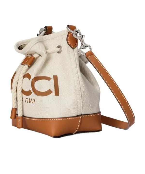 Gucci Logo Print Leather Trimmed Bucket Bag