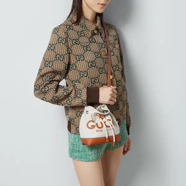 Gucci Logo Print Leather Trimmed Bucket Bag