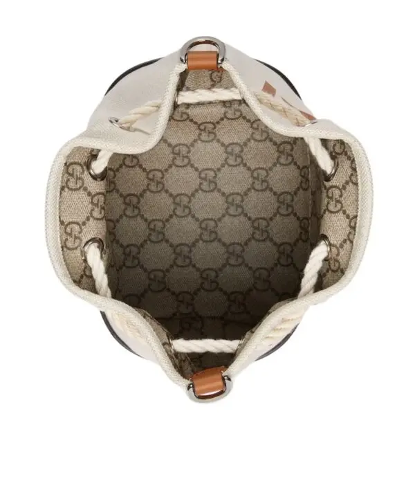 Gucci Logo Print Leather Trimmed Bucket Bag