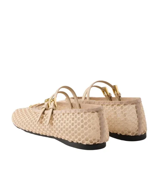 Prada Mesh Ballet Flats With Logo Buckle - Traverite