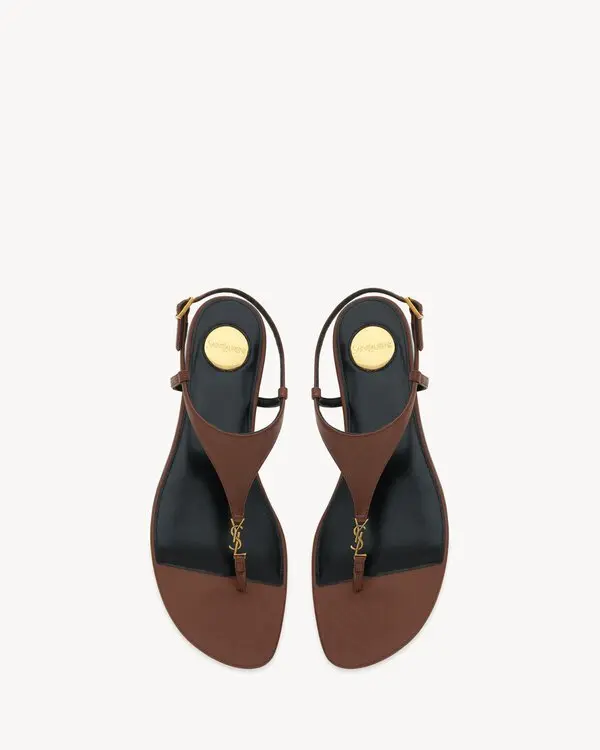 Saint Laurent Cassandra Flat Sandals In Smooth Leather - Brown