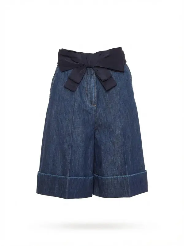 Valentino Garavani Bow Detailed Turn-up Hem Denim Shorts - Blue
