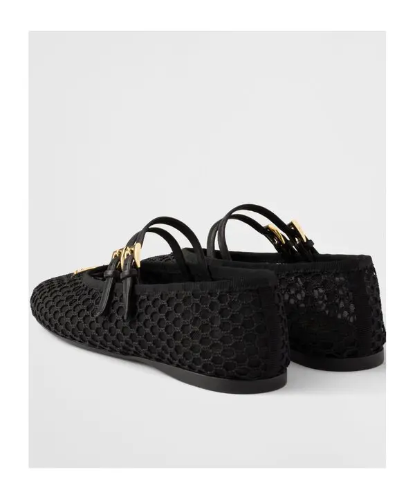 Prada Mesh Ballet Flats With Buckle Detail - Black